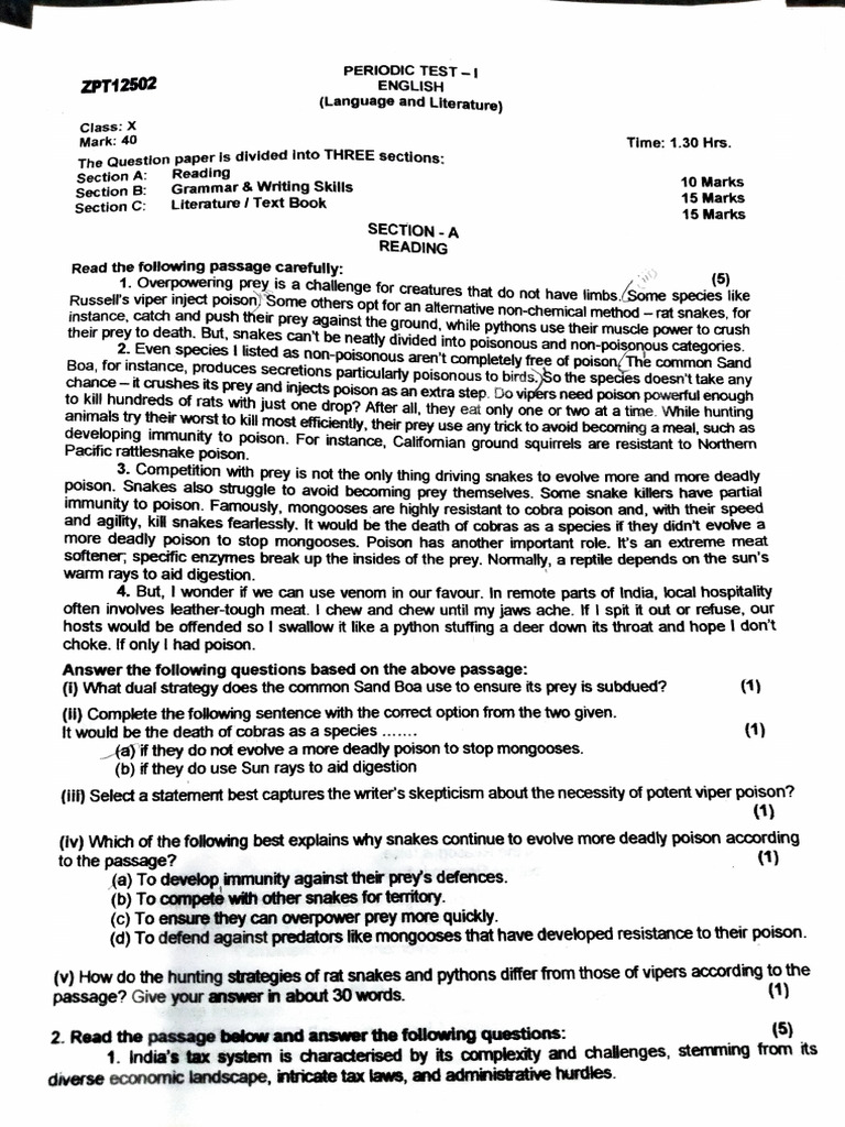 periodic test I question paper X std | PDF