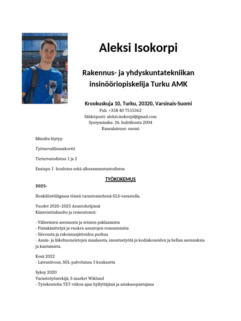 2025-2026 Aleksi Isokorpi CV | PDF