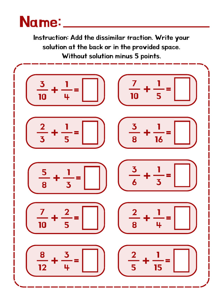 Adding Dissimilar Fractions Worksheet | PDF