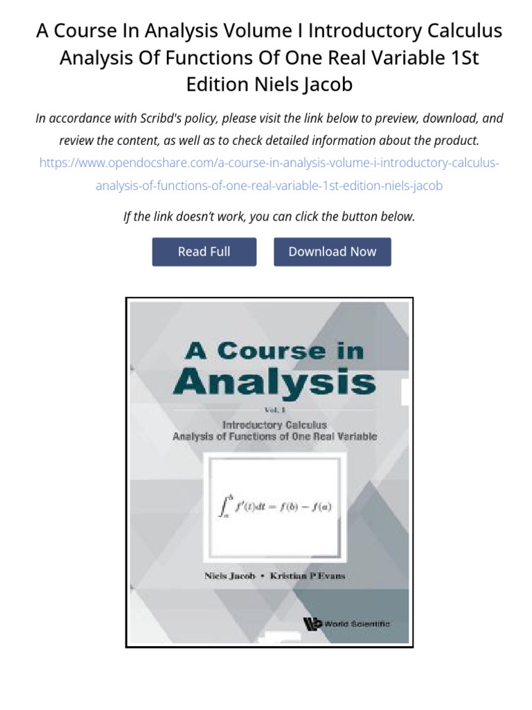 A Course in Analysis Volume I Introductory Calculus Analysis of ...