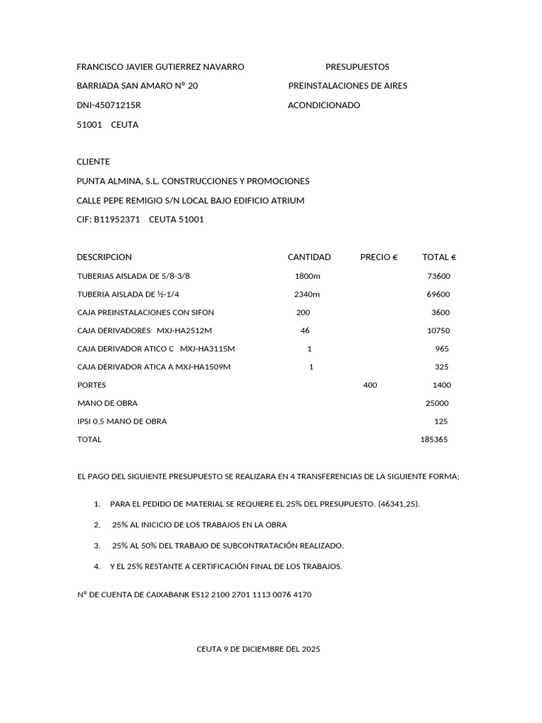 Presupuesto Punta Almina Preinstalacion de Aire Nathali 3 185365 | PDF