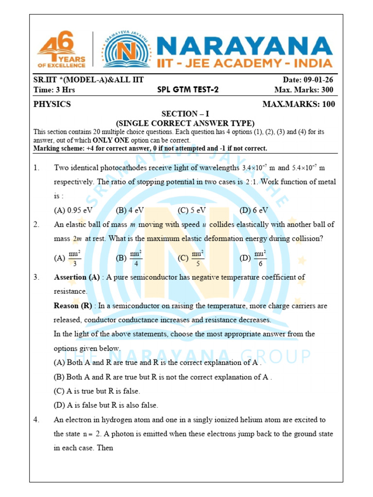 IIT Physics Test 2 Question Paper | PDF | Radiation | Atoms