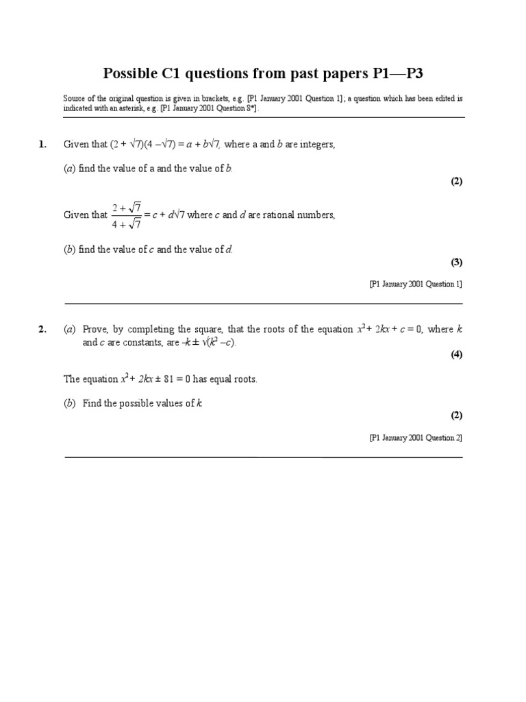 C1 Past Paper Questions Overview | PDF | Quadratic Equation | Equations