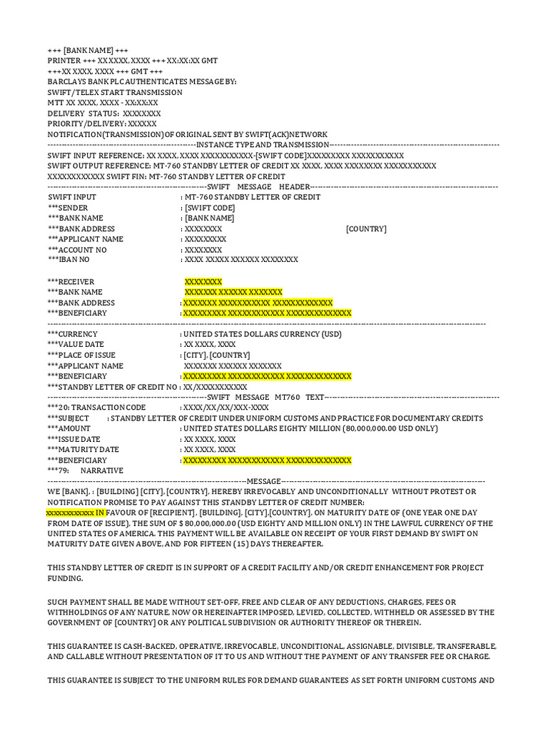 Exhibit B - Draft Verbiage of Bank Guarantee (MT76 - 250913 - 164630 ...