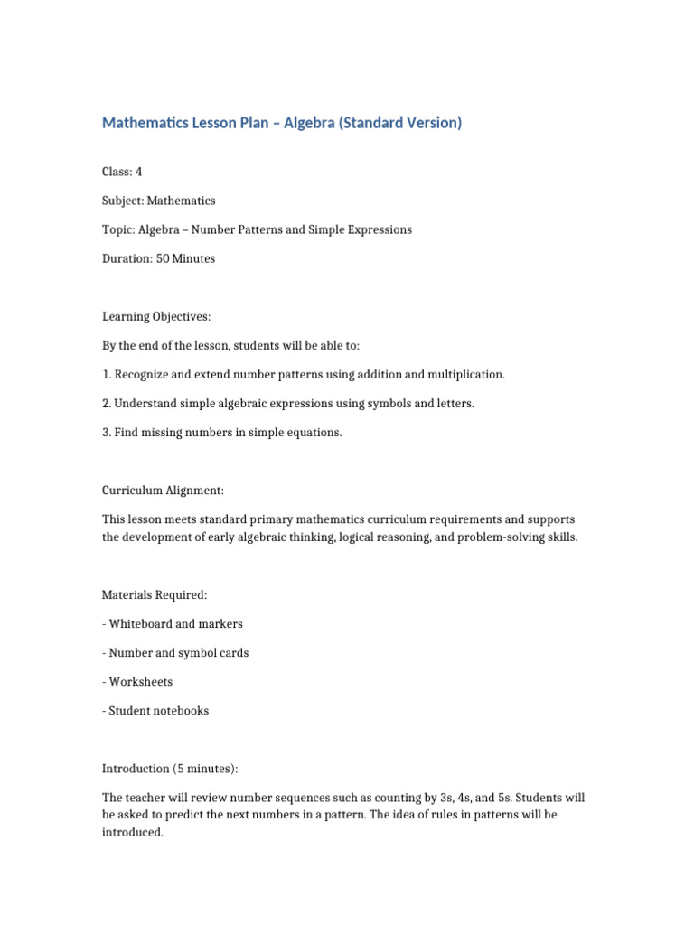 Algebra Lesson Plan for Grade 4 | PDF