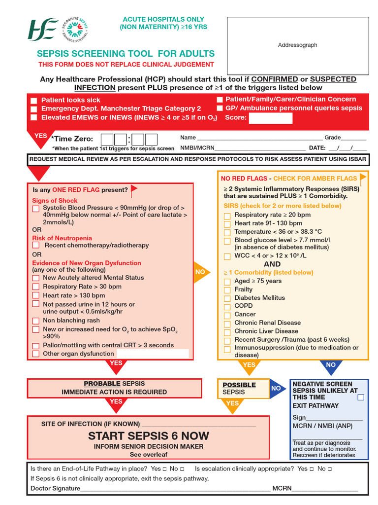 Sepsis Form Adults Blank | PDF | Sepsis | Health Care