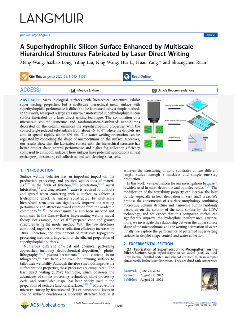 Wang Et Al 2022 a Superhydrophilic Silicon Surface Enhanced by ...