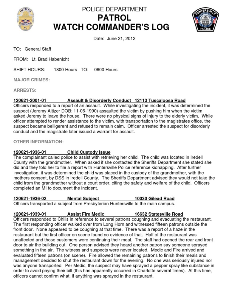 Patrol Watch Commander'S Log: Police Department | PDF | Arrest | Assault
