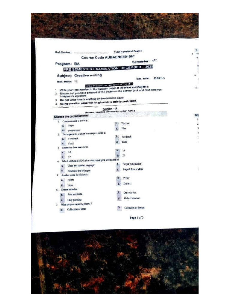Creative Writing Pre Semester Question Paper | PDF