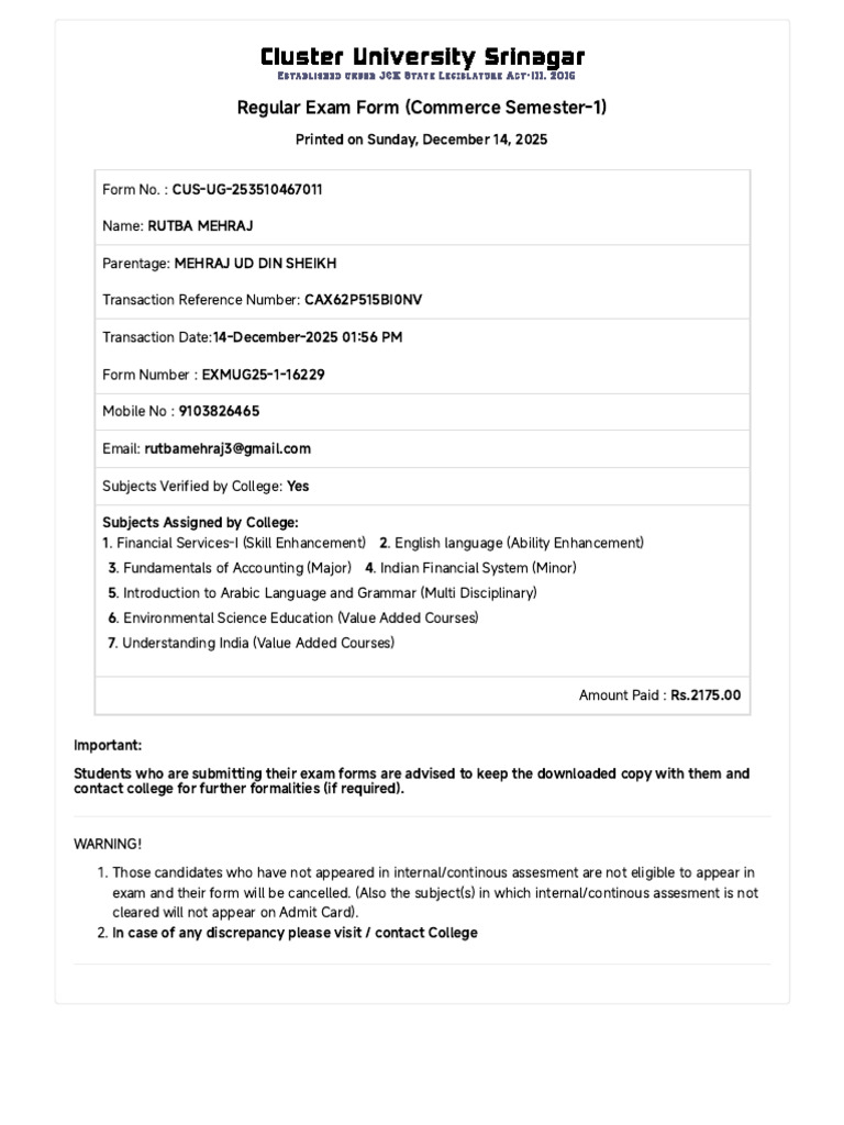 Examination Form | PDF