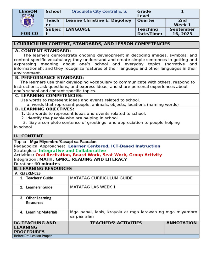 Grade 1 Language Lesson Plan: School Roles | PDF | Learning | Pedagogy