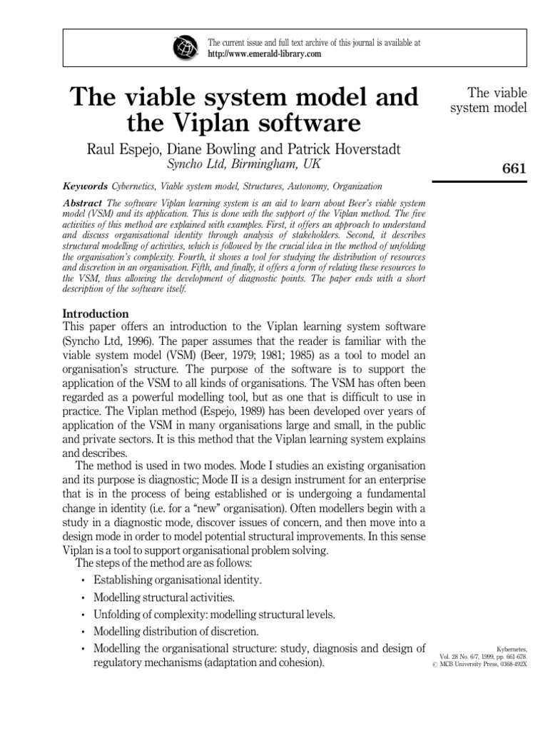 The Viable System Model and The Viplan Software | PDF | System | Policy
