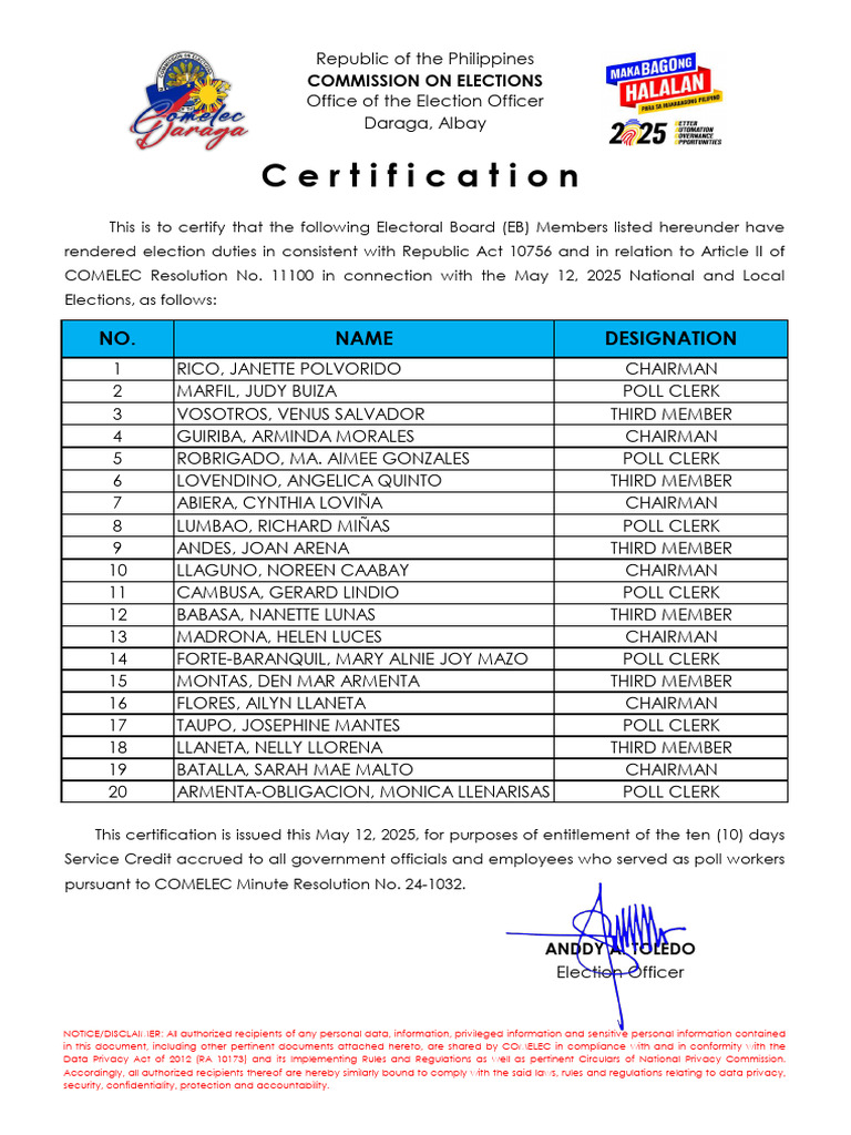 Certification of Election Board Members | PDF | Commission On Elections ...
