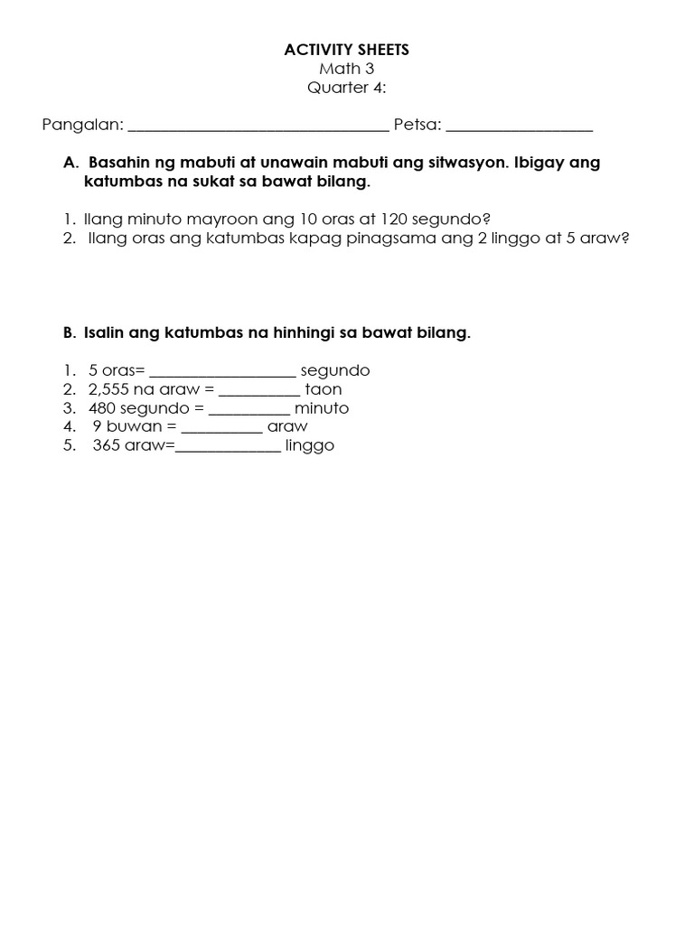Mathematics3 Activity Sheet Q4 W1 | PDF
