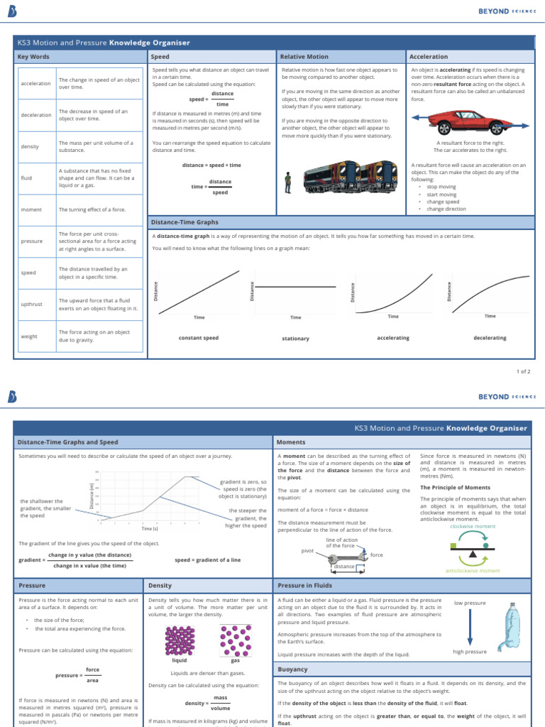 KS3 Motion and Pressure Knowledge Organiser 2 | PDF | Buoyancy | Pressure