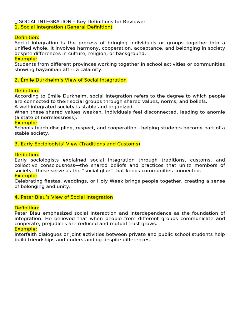 ? SOCIAL INTEGRATION - Key Definitions For Review | PDF