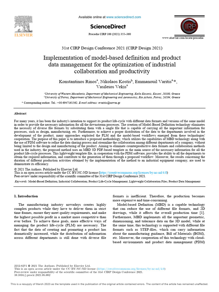 Implementation of Model Based Definition and Product Data Manage 2021 ...