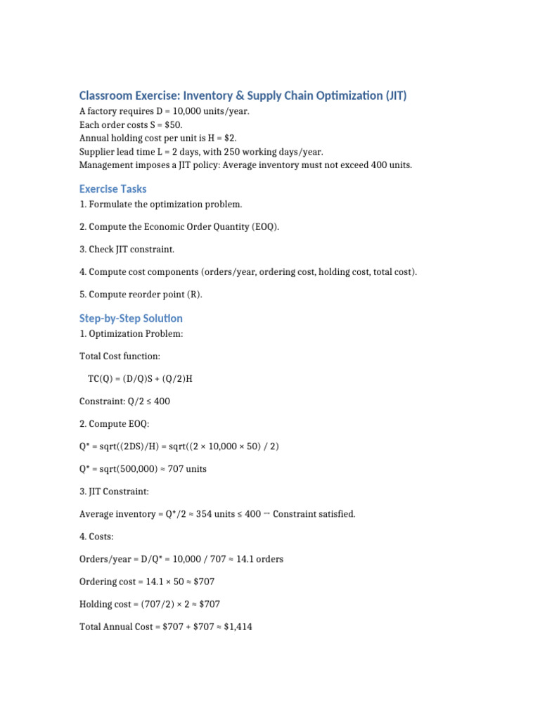 JIT Inventory Optimization Exercise | PDF