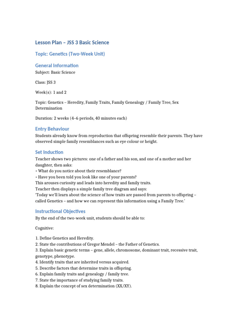 JSS 3 Genetics Lesson Plan | PDF | Heredity | Genetics