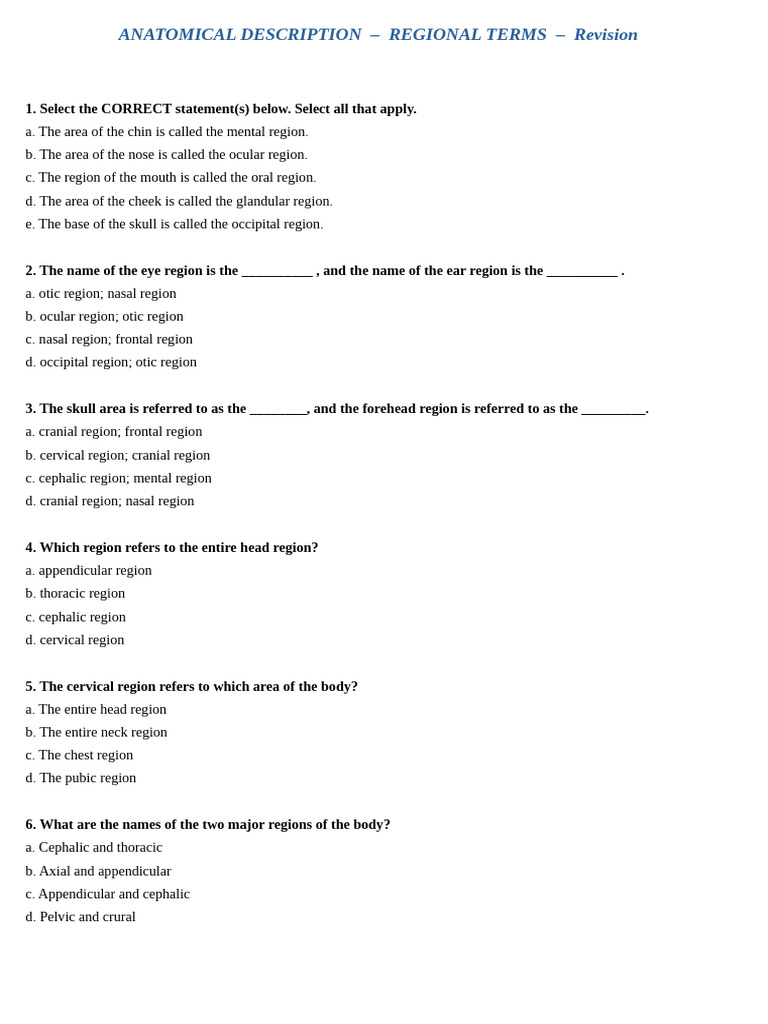 Anatomical Regional Terms Explained | PDF | Pelvis | Toe