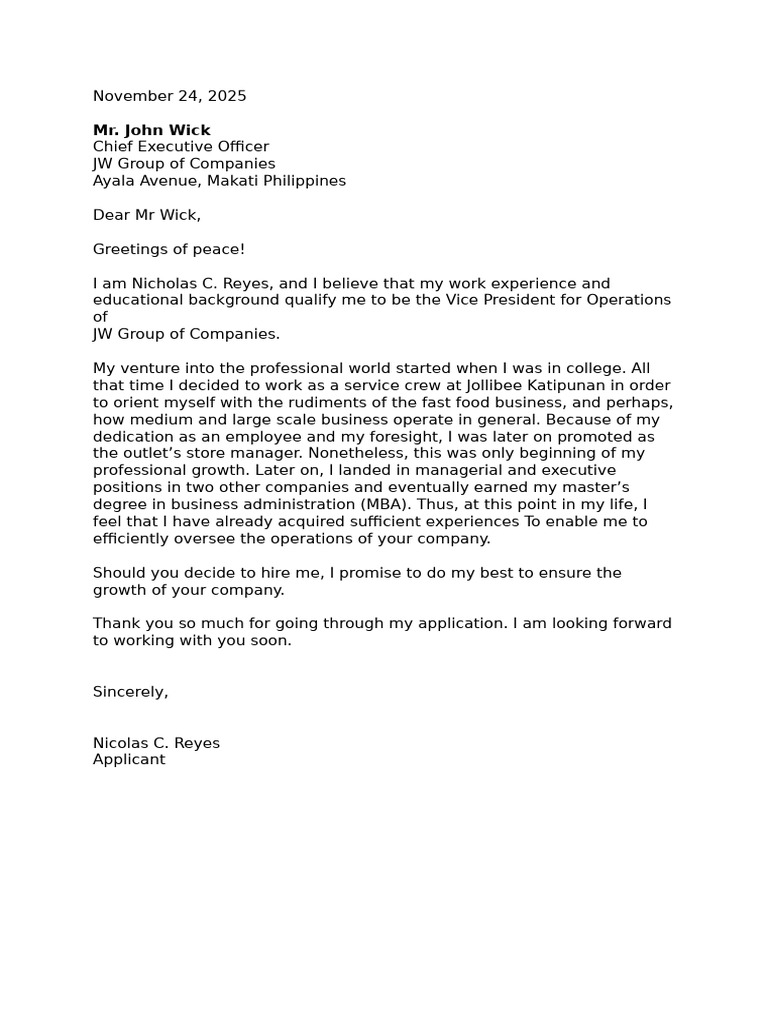 SAMPLE Application Letter - Work Immersion | PDF