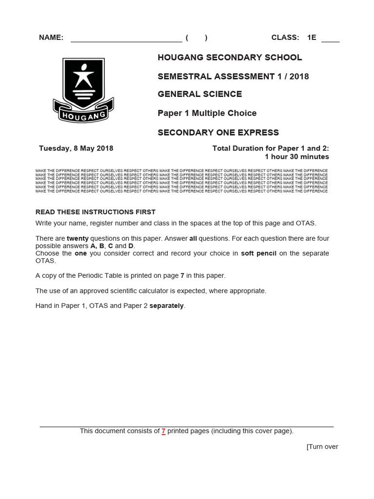 2018 Sec 1 Express Science SA1 Hougang Secondary | PDF | Water | Density