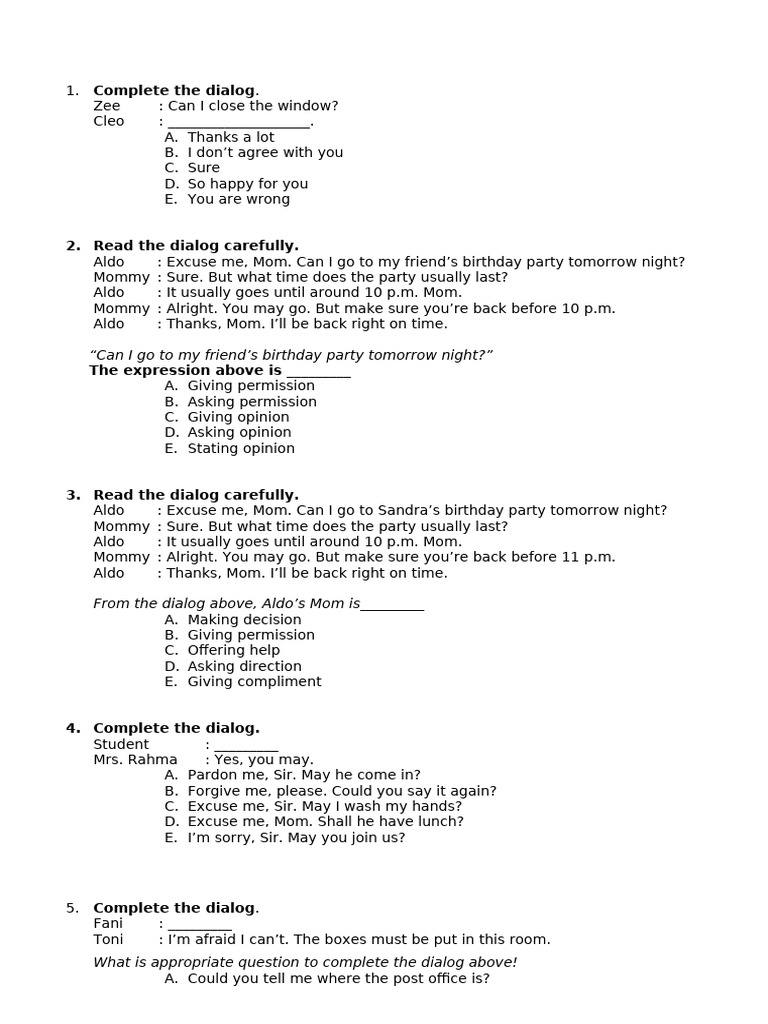 Dialog Completion and Opinion Exercises | PDF | Teaspoon