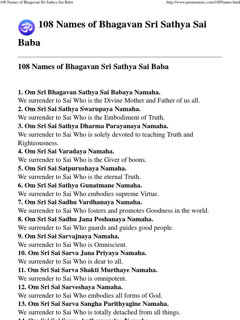 108 Names of Bhagavan Sri Sathya Sai Baba | PDF | Bhakti | Indian Religions