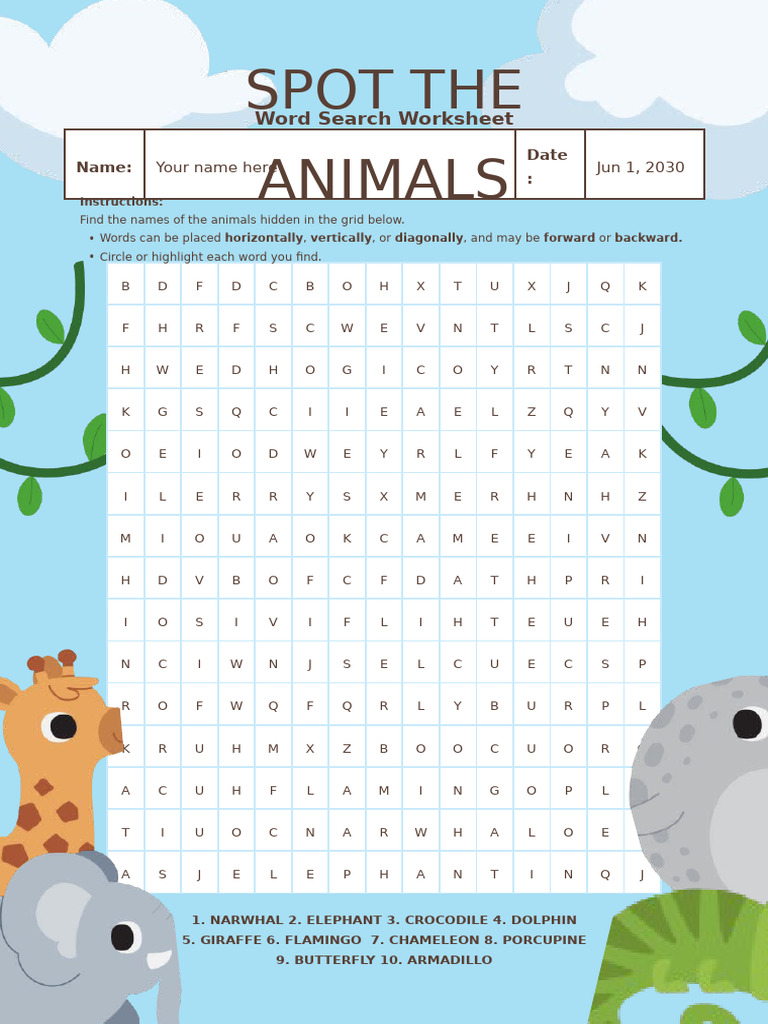 Animal Word Search Worksheet | PDF | Word Search | Word Puzzles