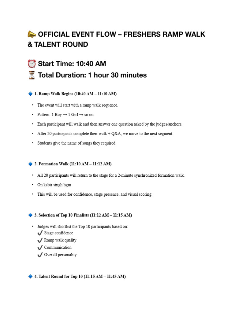 Freshers Ramp Walk Event Schedule | PDF
