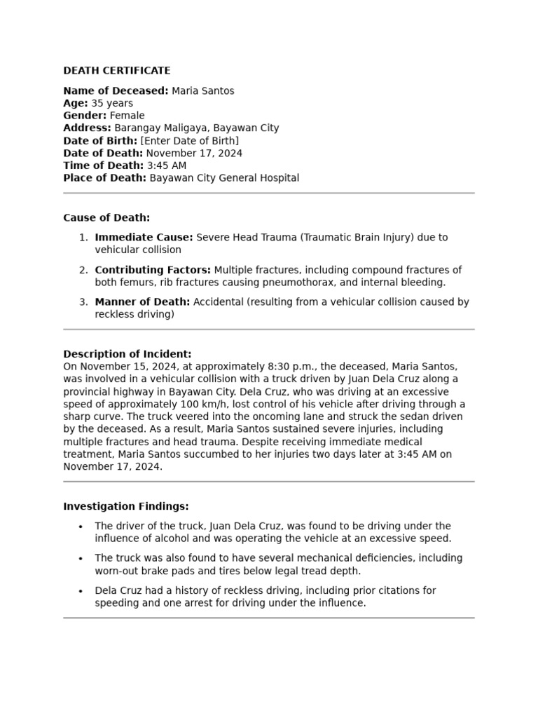Maria Santos Death Certificate Details | PDF