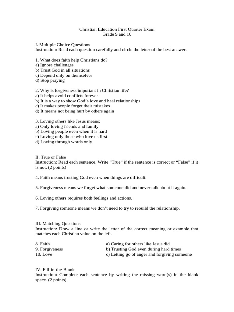 Christian Education Questionnaire For Grade 9 and | PDF