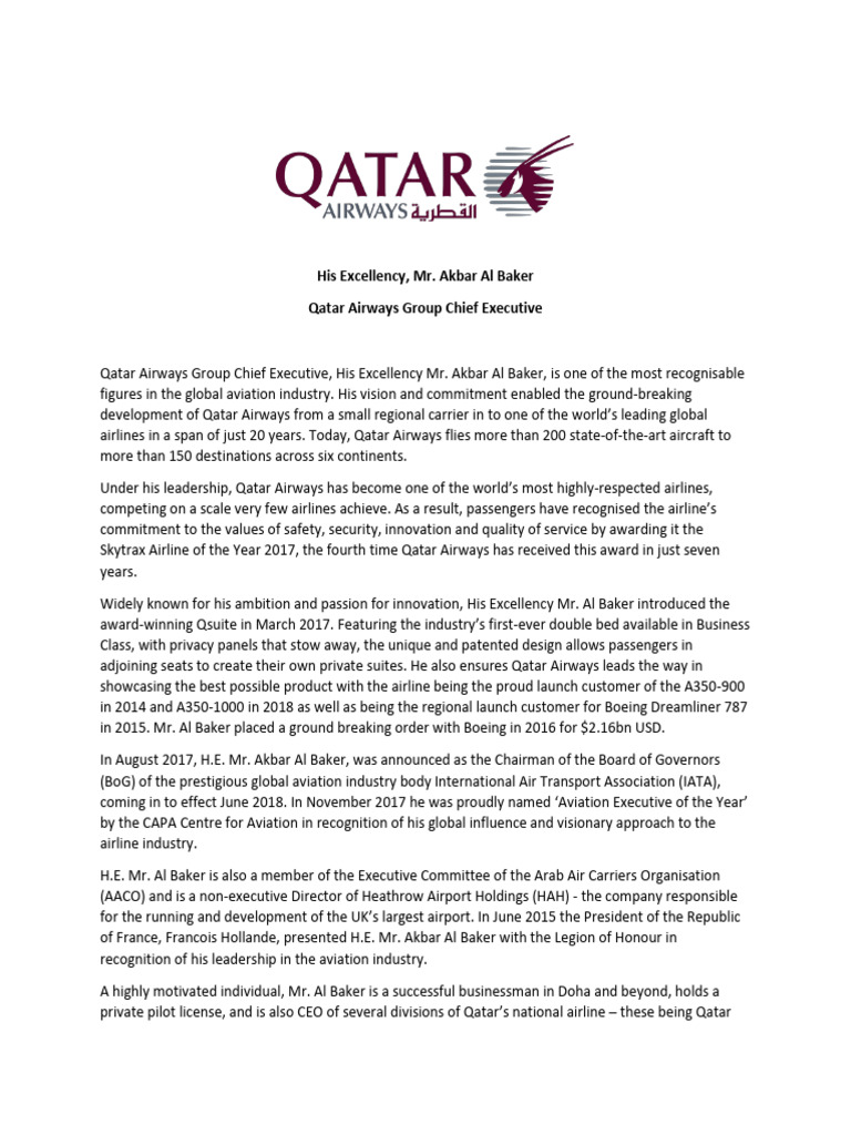 His-Excellency-Mr-Akbar-Al Baker-Biography | PDF | Aviation | Airlines