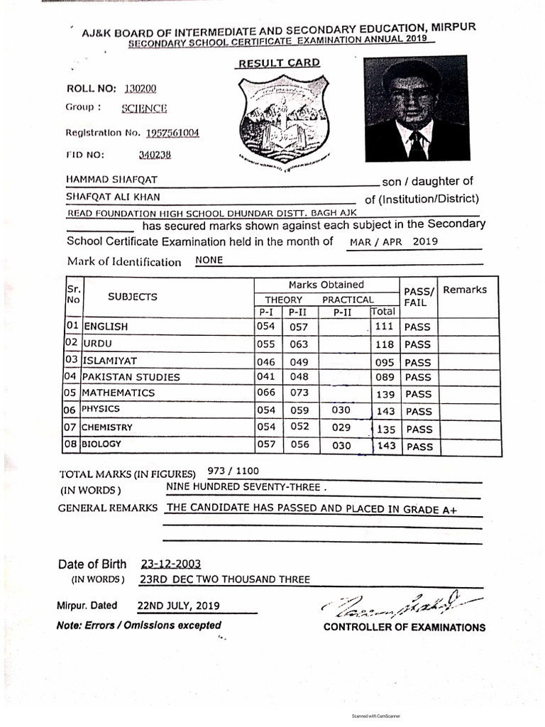 Matric MarksSheet | PDF