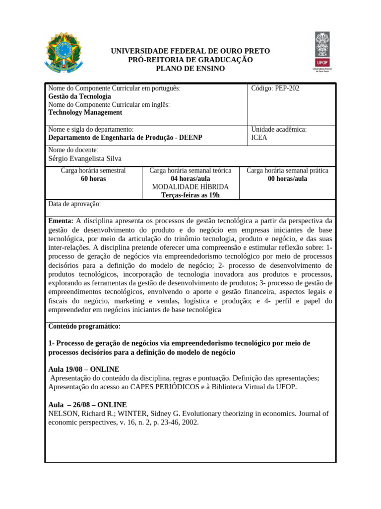 Plano de Ensino GestãoTecnologia 2025 2PPGEP.docx | PDF | Empresa ...