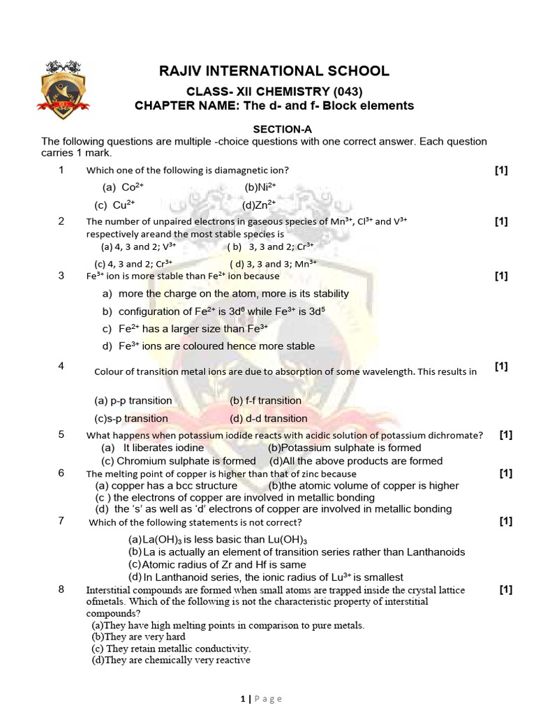 CHAPTER - D & F Block Elements 2025-26 | PDF | Transition Metals ...