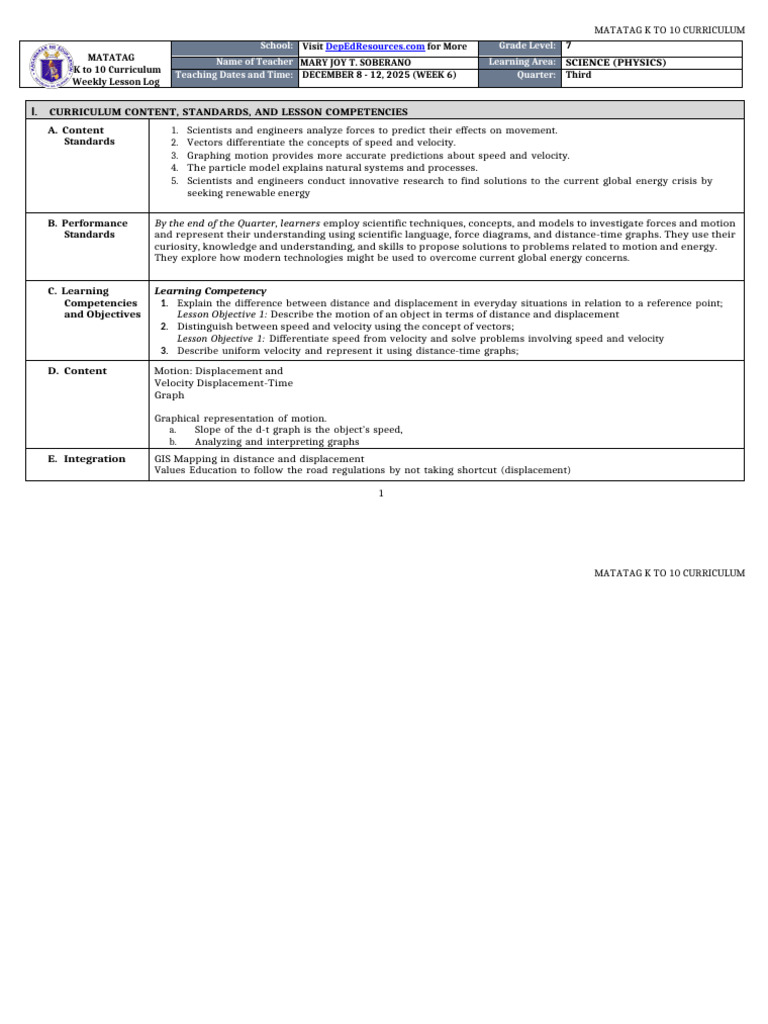 K to 10 Science Lesson Plan: Motion | PDF | Speed | Velocity