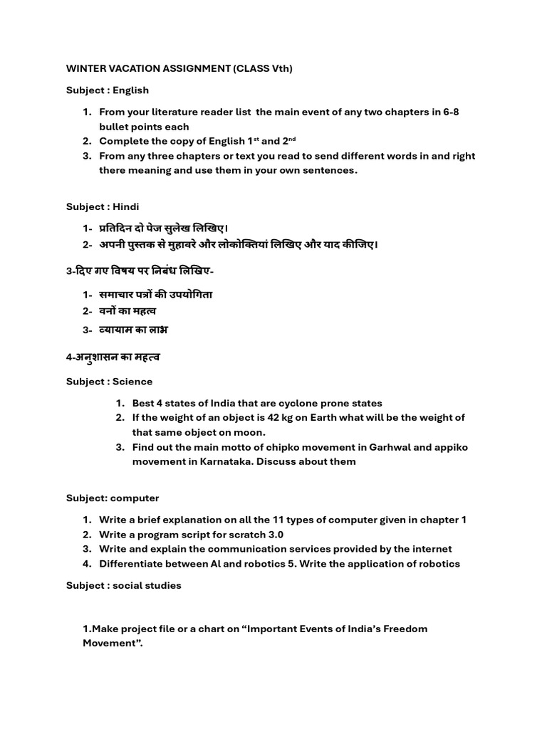 Class 5th Winter Vacation Assignment | PDF