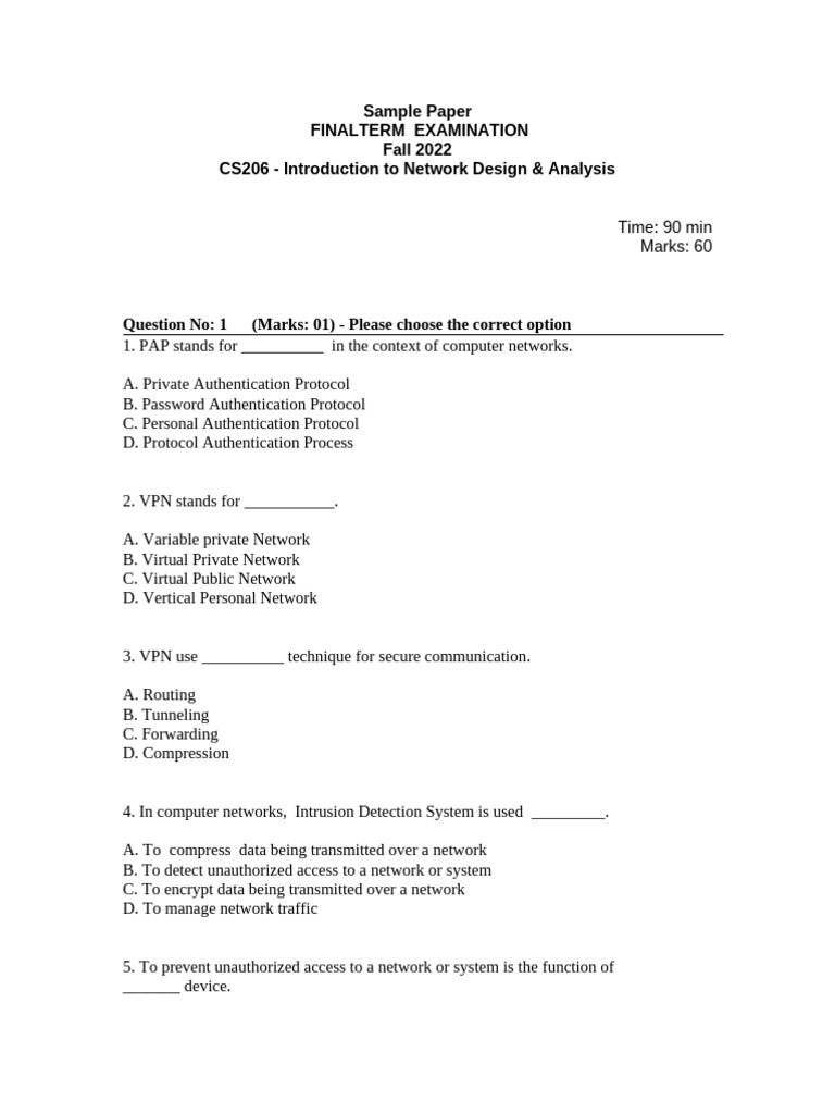 CS206 Network Design Final Exam 2022 | PDF | Computer Network ...