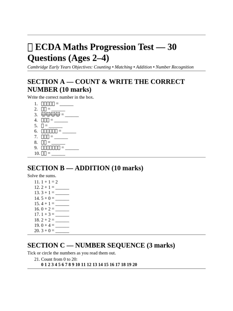 ECDA Maths Test for Ages 2-4 | PDF