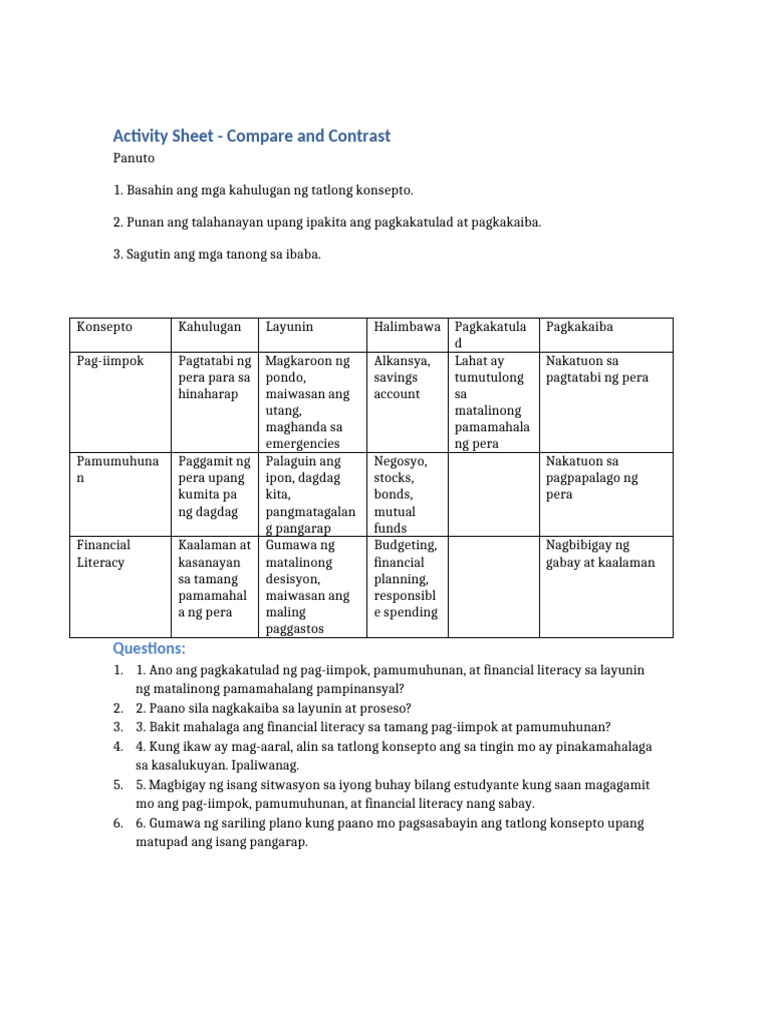 Compare Contrast Activity Sheet | PDF