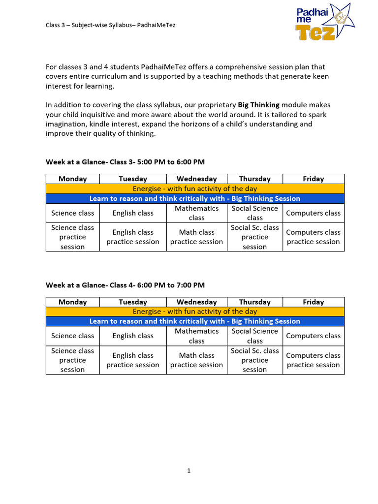 Class 3 & 4 Weekly Schedule | PDF