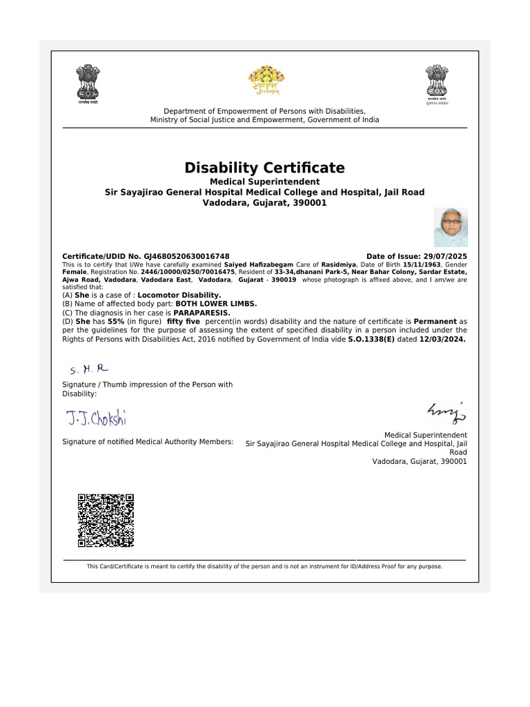 HAFIZABEGAM Disability Certificate | PDF