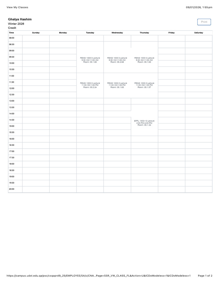 Winter 2026 Class Schedule Overview | PDF