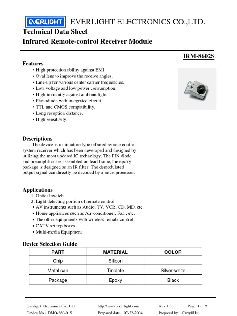 Everlight Electronics Co.,Ltd.: Technical Data Sheet Infrared Remote ...