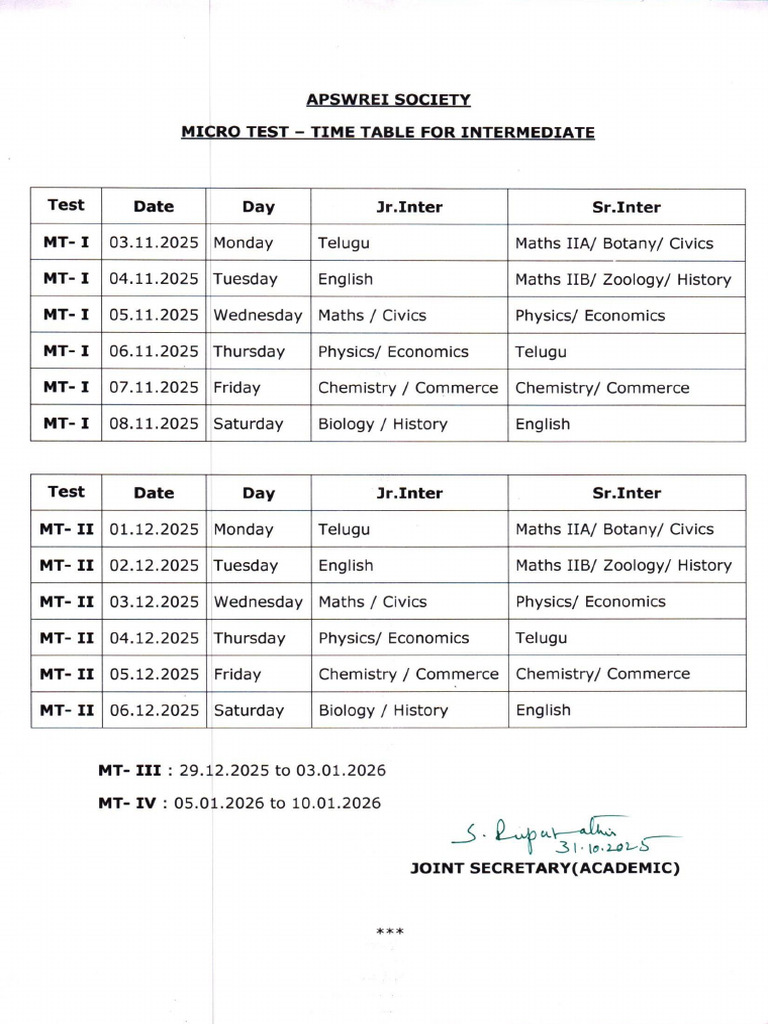 Intermediate - MT - Time Table - 2025-26 | PDF