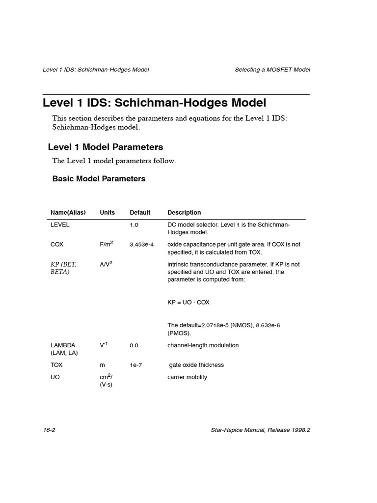 Spice Level 1 Mosfet Model | PDF | Mosfet | Electricity