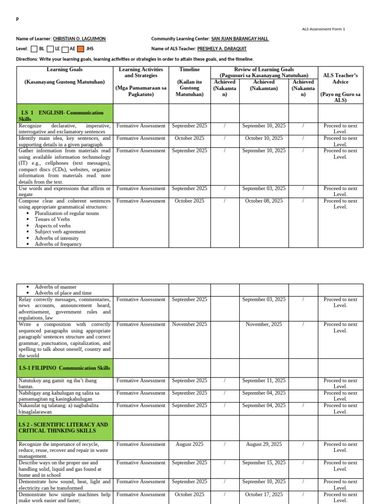 ALS Assessment Form 1 ILA ReNeW CHRISTIAN LAGUIMON | PDF | Adverb | Verb