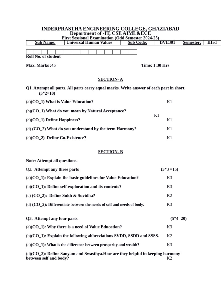 UHV Sessional 1 Question Paper.set 1 | PDF
