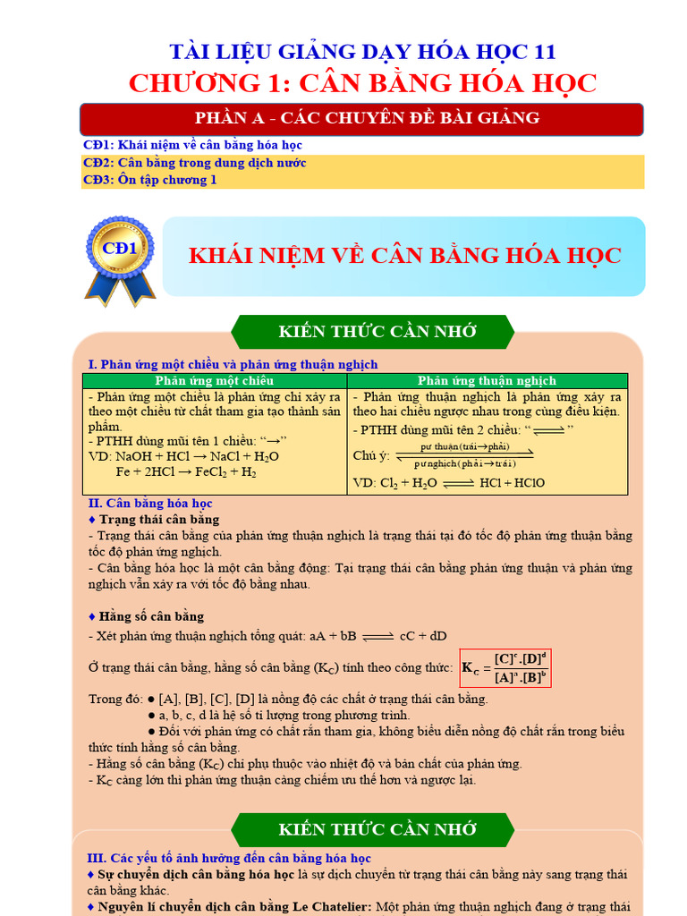 CHƯƠNG 1. CÂN BẰNG HÓA HỌC (Bản Giáo Viên) | PDF
